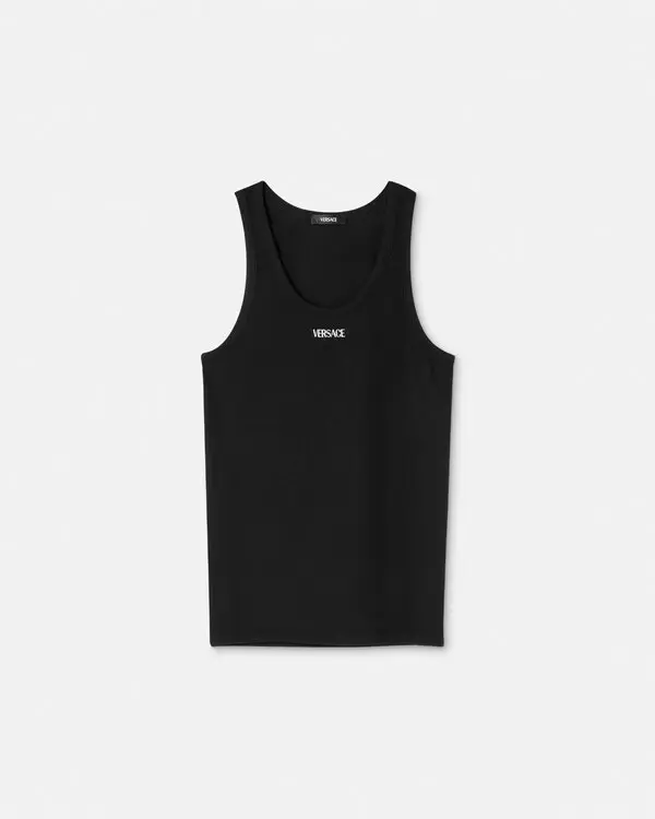Versace Ribbed Cotton Tank Top With Embroidered Logo - Black
