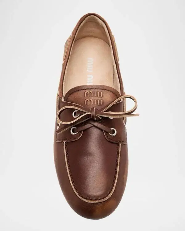 Miu Miu Leather Moccasin Loafers - Brown
