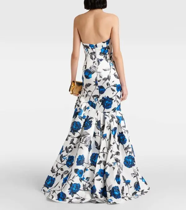 RASARIO Draped Floral Satin Gown