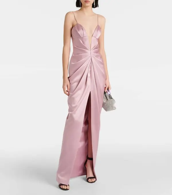 satin dress long red ELECTRA Lace Up Back Front Slit Satin Gown