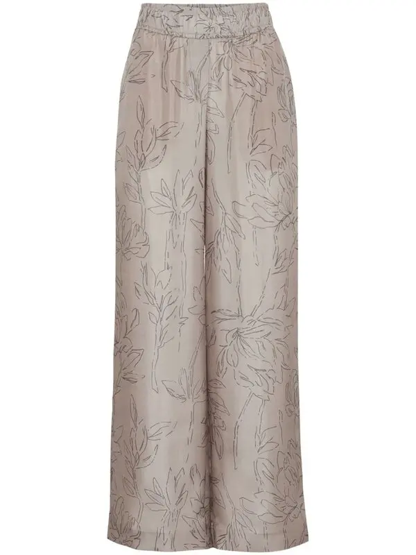 Brunello Cucinelli Leaf-print Silk Trousers