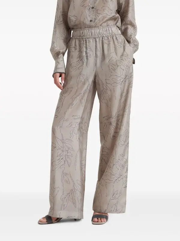 Brunello Cucinelli Leaf-print Silk Trousers
