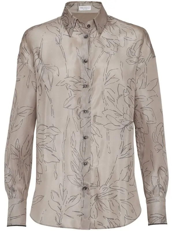 Brunello Cucinelli Leaf-print Silk Blouse - Brown