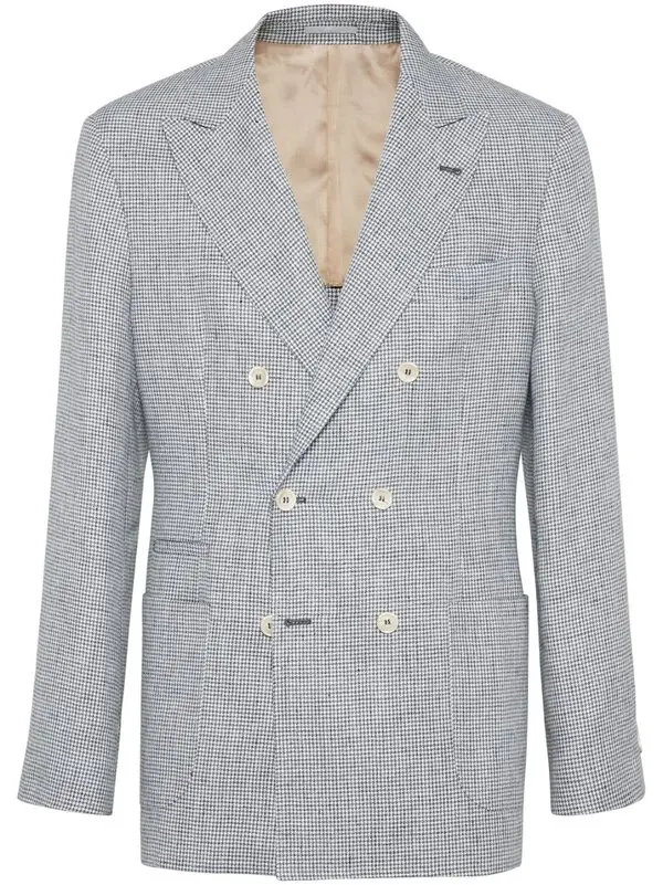 Brunello Cucinelli Puppytooth Double-breasted Linen Blazer - White