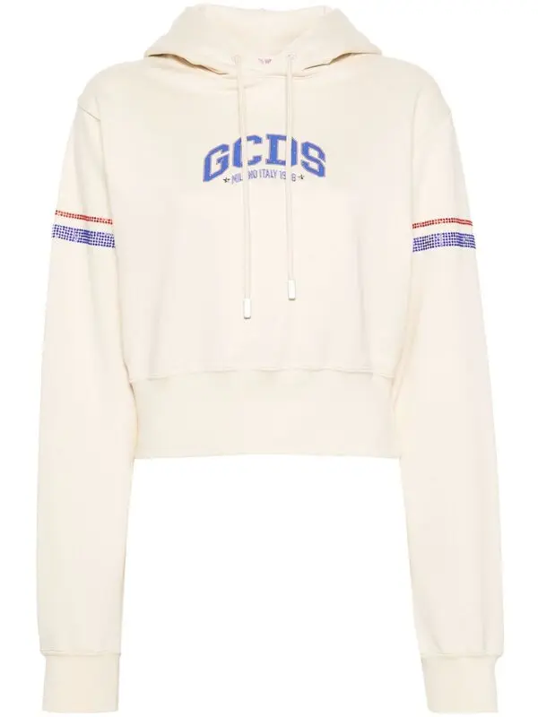 Gcds Crystal-embellished Cropped Hoodie - Neutrals