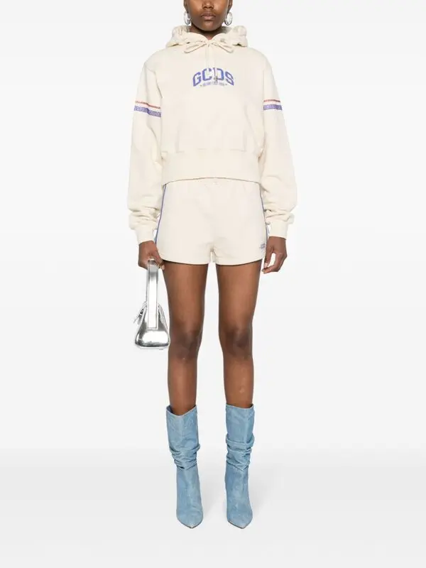 Gcds Crystal-embellished Cropped Hoodie - Neutrals