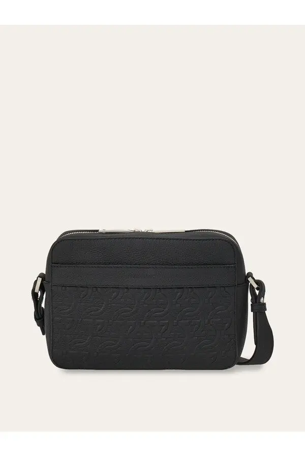 FERRAGAMO Embossed Gancini Crossbody Bag - Black
