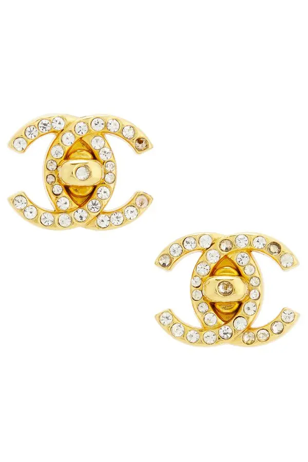 Chanel 1996 Cc Rhinestone Clip-on Earrings - Gold