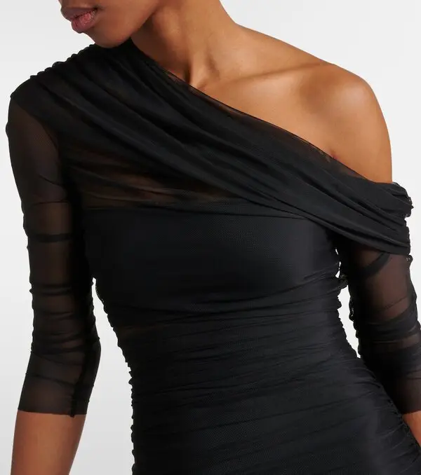 THE SEI One-shoulder Ruched Mesh Midi Dress