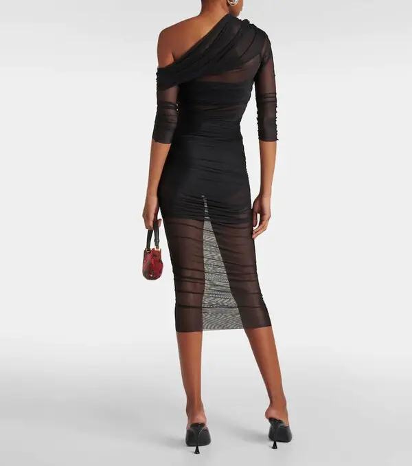 THE SEI One-shoulder Ruched Mesh Midi Dress