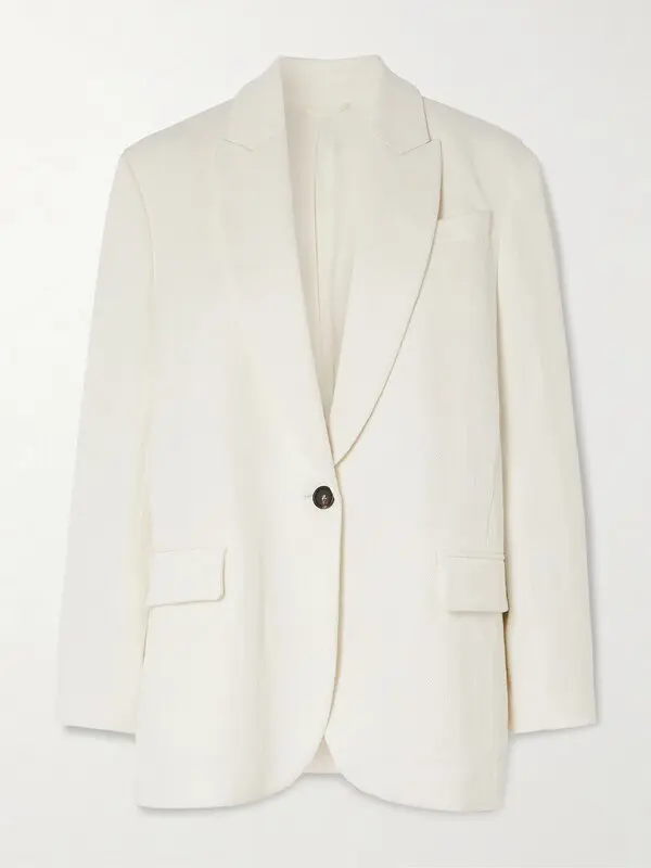 Brunello Cucinelli Single-breasted Herringbone Cotton And Linen-blend Blazer - White