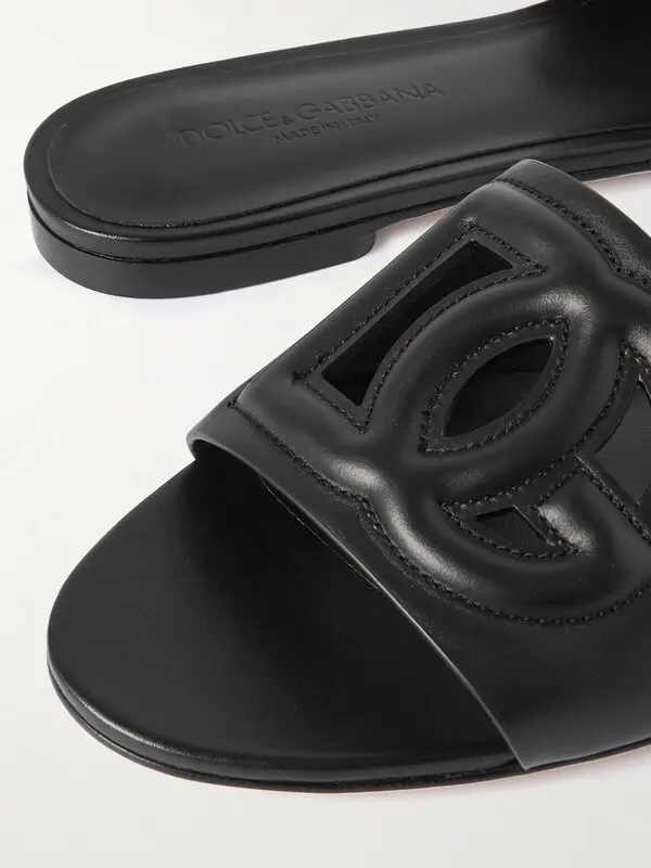 Dolce & Gabbana Bianca Logo-embossed Cutout Leather Slides - Black