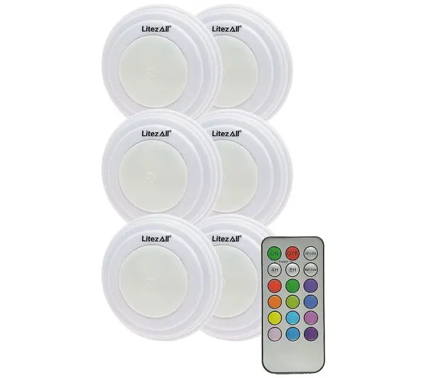 LITEZALL Colored Remote Controlled Puck Light 6 Pack - One-color
