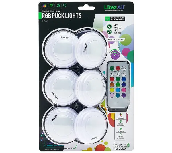 LITEZALL Colored Remote Controlled Puck Light 6 Pack