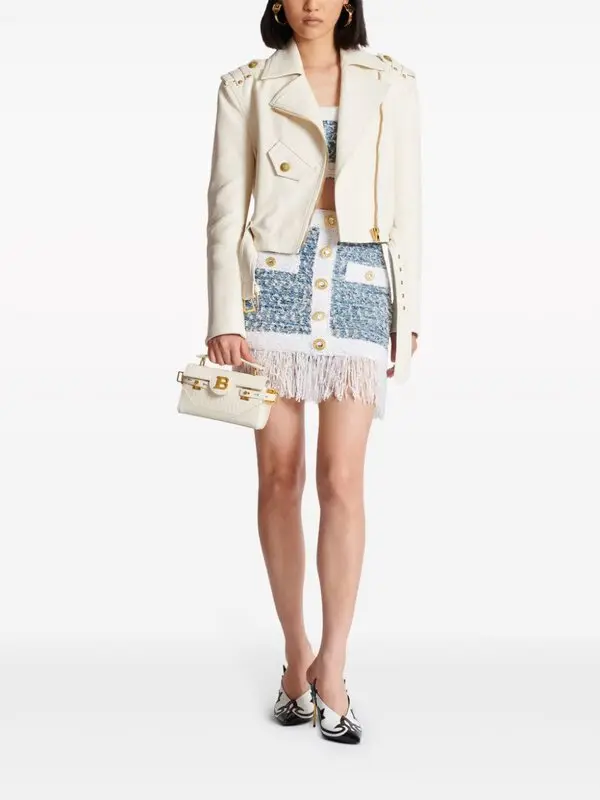 Balmain Tweed Mini Skirt With Fringe Blue 69% Off Editorialist