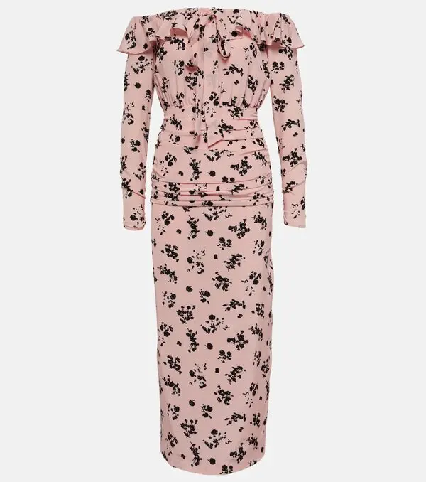 Alessandra Rich Floral Off-shoulder Silk Midi Dress - Pink