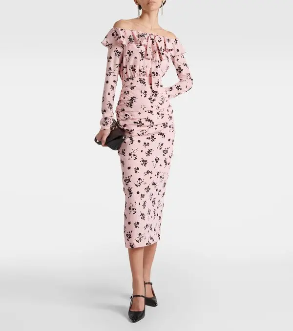 Alessandra Rich Floral Off-shoulder Silk Midi Dress - Pink