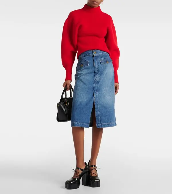 FRAME The Vent Front High-rise Denim Midi Skirt