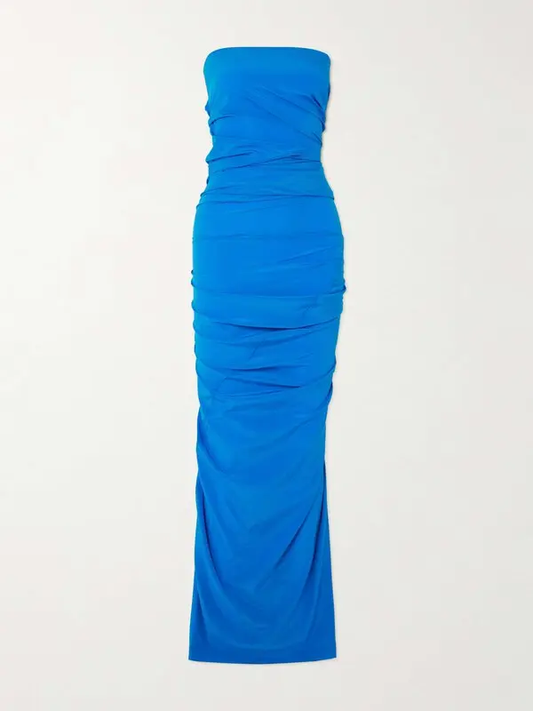 Proenza Schouler Odette Strapless Gathered Stretch-Satin Jersey Maxi Dress  In Blue - 70% Off | Editorialist
