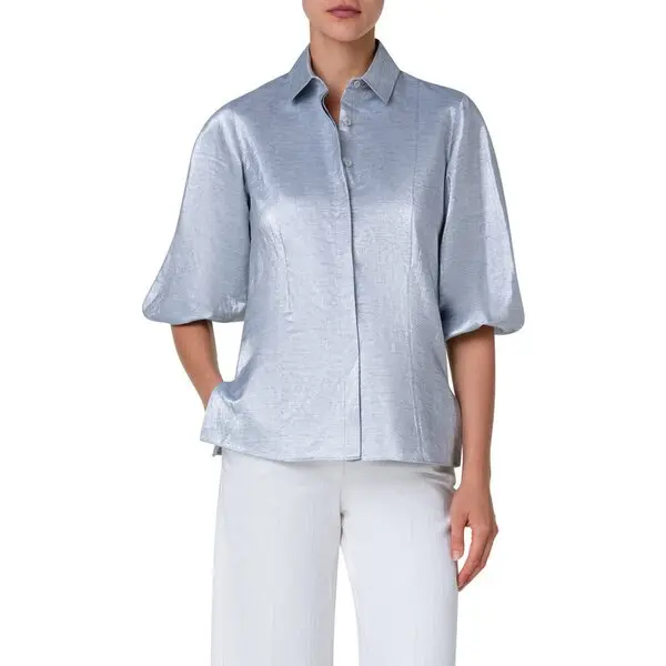 Akris Metallic Puff-sleeve Button-up Shirt - Silver Blue