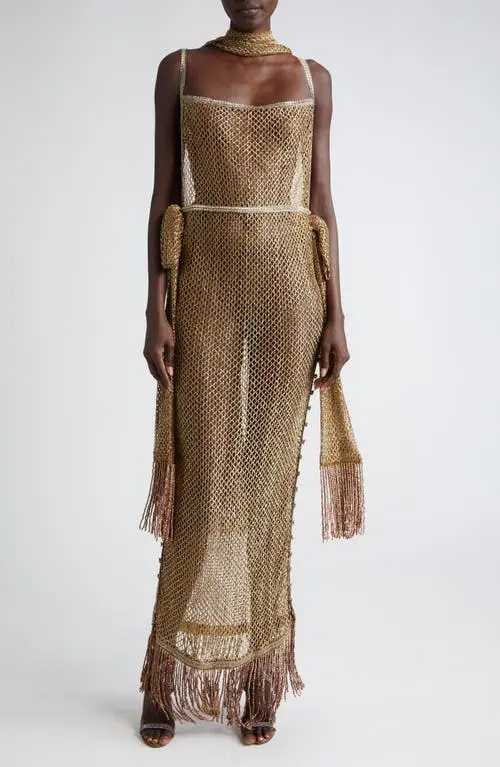 Bode Beaded Fringe Sheer Lam Lace Maxi Dress In Gold - 55% Off |  Editorialist