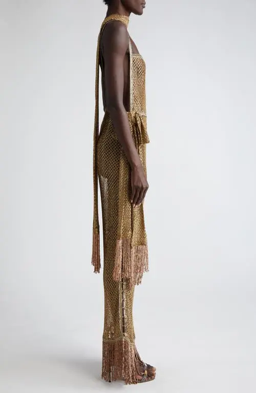 Bode Beaded Fringe Sheer Lam Lace Maxi Dress In Gold - 55% Off |  Editorialist