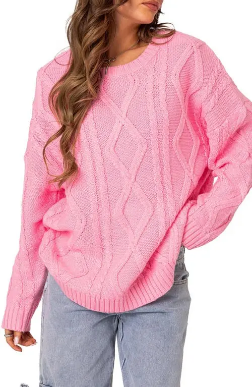 EDIKTED Kennedy Oversize Cable Stitch Sweater - Pink