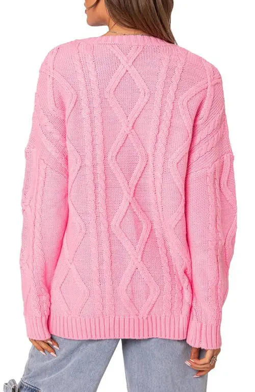 EDIKTED Kennedy Oversize Cable Stitch Sweater - Pink