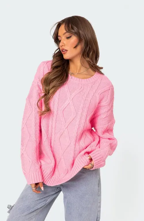 EDIKTED Kennedy Oversize Cable Stitch Sweater - Pink