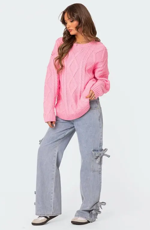 EDIKTED Kennedy Oversize Cable Stitch Sweater - Pink