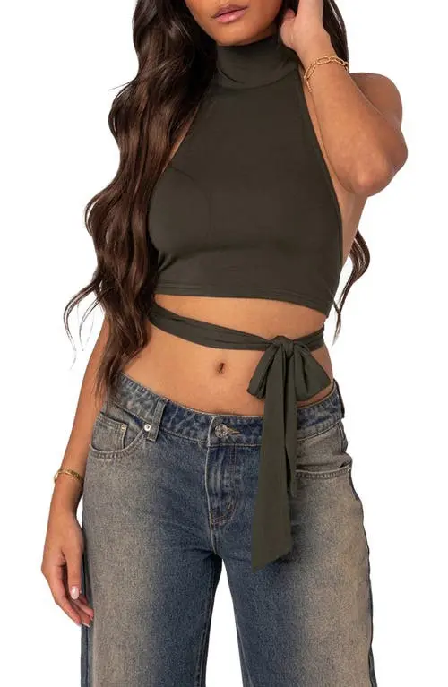 EDIKTED Hamlin Wrap Tie Halter Neck Crop Top - Olive