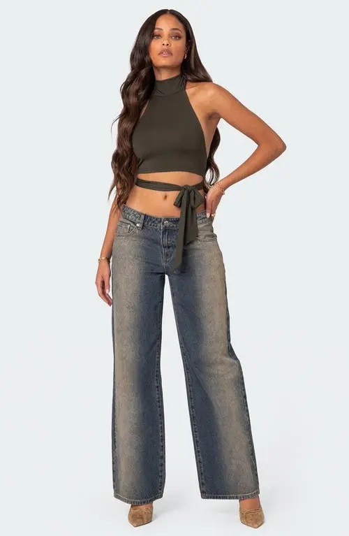 EDIKTED Hamlin Wrap Tie Halter Neck Crop Top - Olive