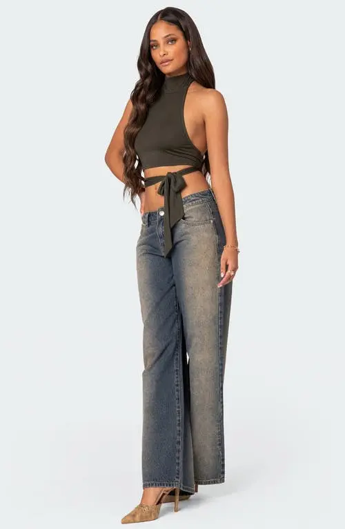 EDIKTED Hamlin Wrap Tie Halter Neck Crop Top - Olive