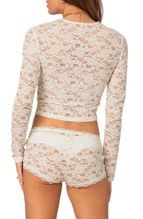 EDIKTED Estella Sheer Lace Crop Top - Cream