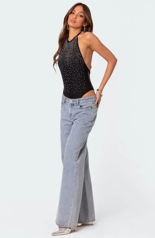 EDIKTED Rhinestone Mesh Halter Bodysuit