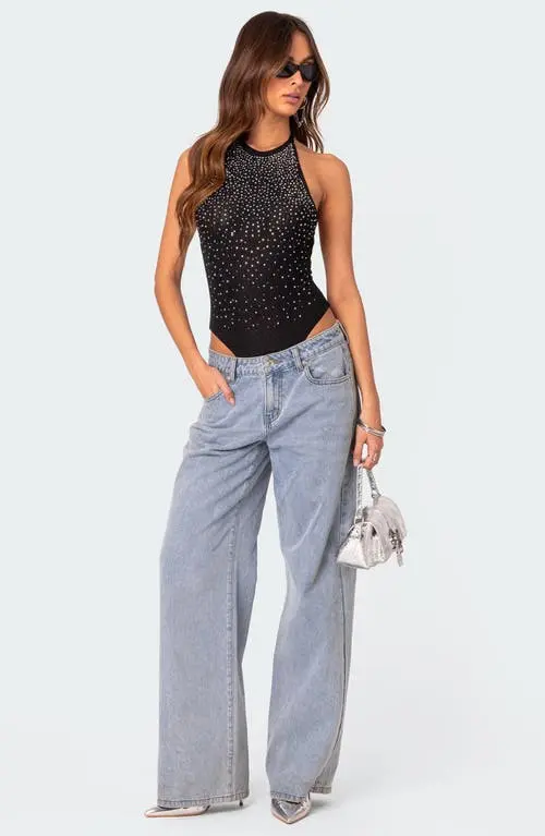 EDIKTED Rhinestone Mesh Halter Bodysuit