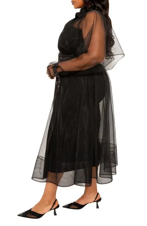 BUXOM COUTURE Belted Sheer Tulle Trench Coat