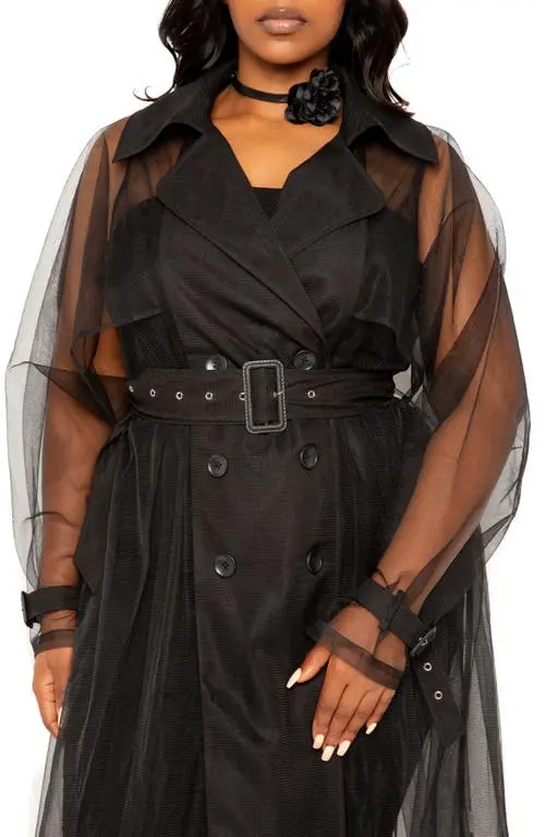 BUXOM COUTURE Belted Sheer Tulle Trench Coat