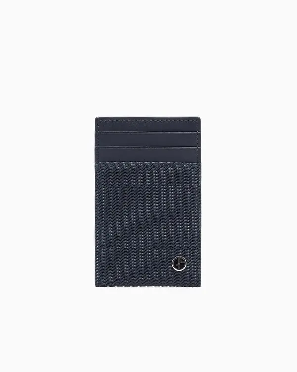 Giorgio Armani Card Holder In Embossed Leather - Navy Blue
