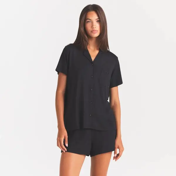 SKIMS Sleep Short Sleeve Button Up Set | Black | Medium - Onyx