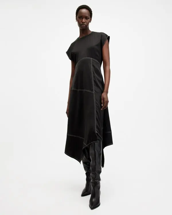agnes panelled asymmetric maxi dress Allsaints Agnes Paneled Asymmetric Maxi Dress - Black