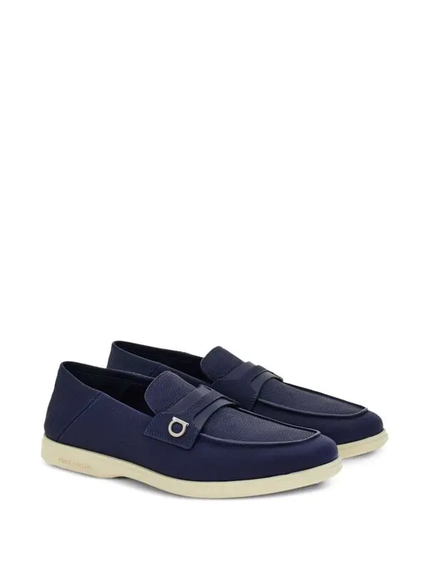 FERRAGAMO Gancini-plaque Leather Loafers - Blue