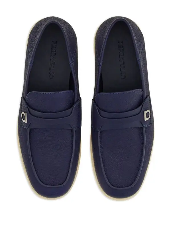 FERRAGAMO Gancini-plaque Leather Loafers - Blue