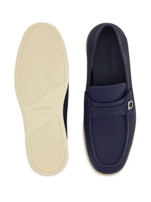 FERRAGAMO Gancini-plaque Leather Loafers - Blue
