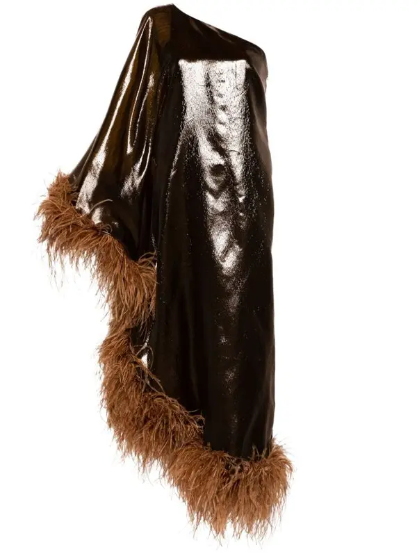 TALLER MARMO Fantasma Feather-trim Midi Dress - Brown