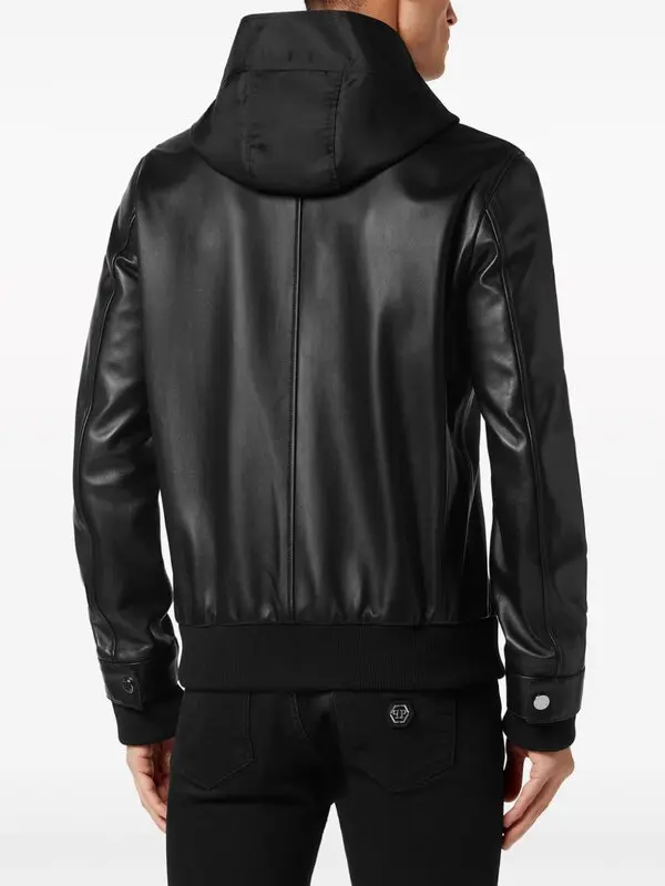 Philipp Plein Leather Hooded Bomber Jacket