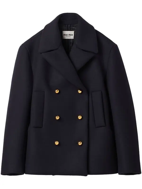 Miu Miu Double-Breasted Wool Pea Coat - Blue | Editorialist