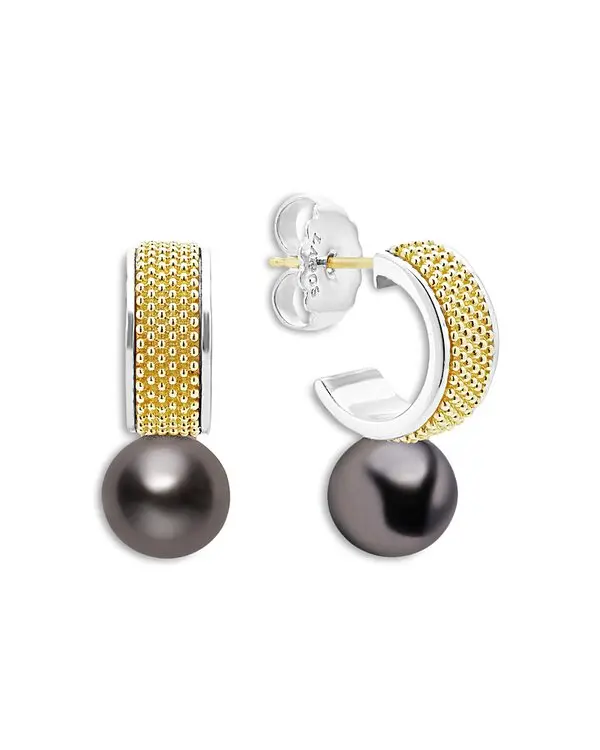 Lagos 18k Yellow Gold & Sterling Silver Pearl Half Hoop Earrings - Black/gold