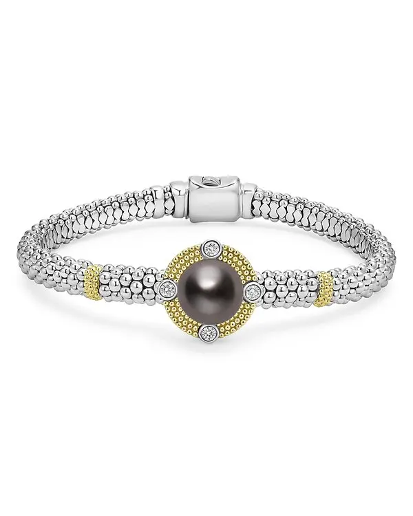 Lagos 18k Yellow Gold, Sterling Silver, Tahitian Pearl & Diamond Caviar Bracelet - Black/silver