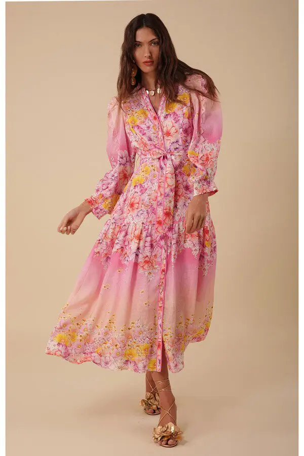 hale bob pink dress Drifting through a dreamy, sun-kissed afternoon on the terraces of  Greystone Mansion in the Frida Organza Dress by Hale Bob. Soft pink florals  meet timeless stone, airy sleeves flirt with the breeze,